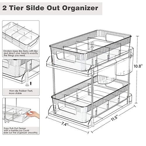 2 Tier Bathroom Organizer with Dividers,1 Set Clear Under Sink Organizers Storage Slide Out Bathroom Vanity Counter Storage Container with 4 Cups for Kitchen Pantry Cabinet Closet, Medicine Organizer