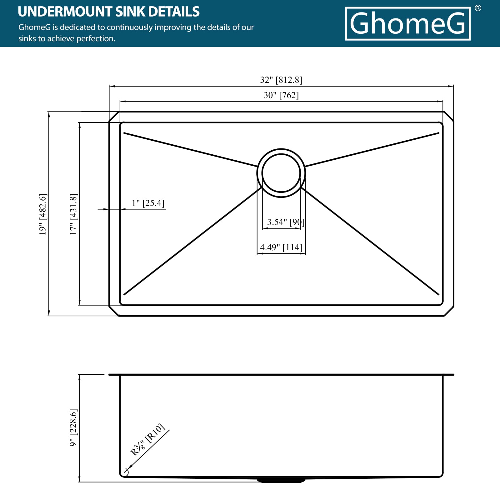 32x19 Undermount Kitchen Sink - GhomeG 32 Inch Deep Single Bowl kitchen sink 16 Gauge Stainless Steel Under Counter Kitchen Sink Basin With R10 Round Corners