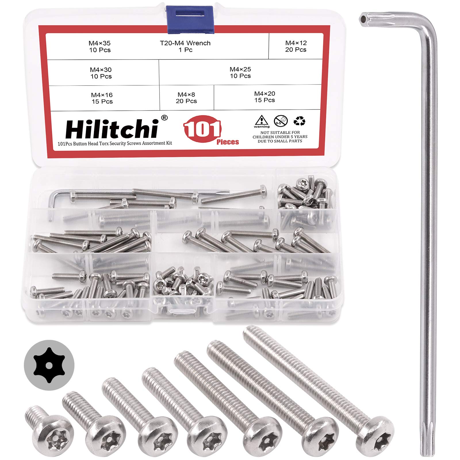 Hilitchi 100Pcs 7Sizes M4 Button Head Torx Security Screws Stainless Steel Tamper Proof Screws w T20 Bit, M4x8/12/16/20/25/30/35(Assortment Kit)