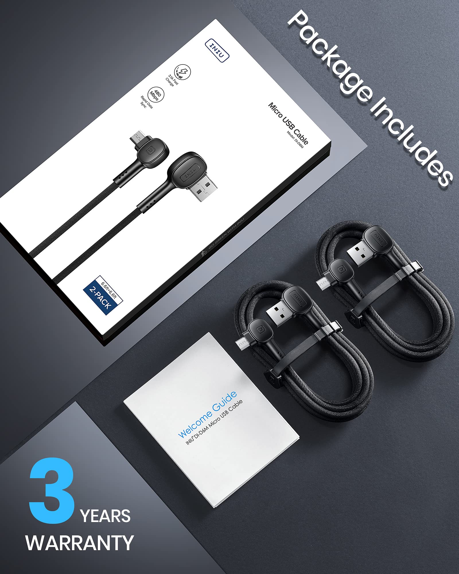 Micro USB Cable, INIU [2 Pack 6.6ft] 3.1A QC 3.0 Fast Charging Micro Android Phone Charger, Braided Micro USB Charge for Samsung Galaxy S7 S6 and Edge Note 6 Sony Tablet Kindle PS4 Android Devices etc