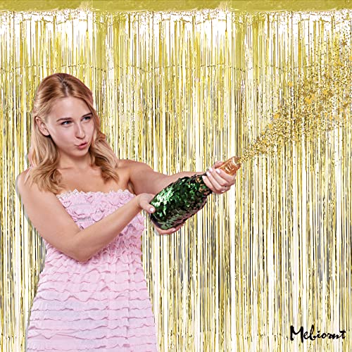 4 Pack Light Gold Fringe Curtain Backdrop, 3.2Ft x 9.8Ft Metallic Tinsel Foil Fringe Streamers Background for Photo Booth Birthday Wedding Baby Shower Carnival Easter Mother’s Day Party Decorations