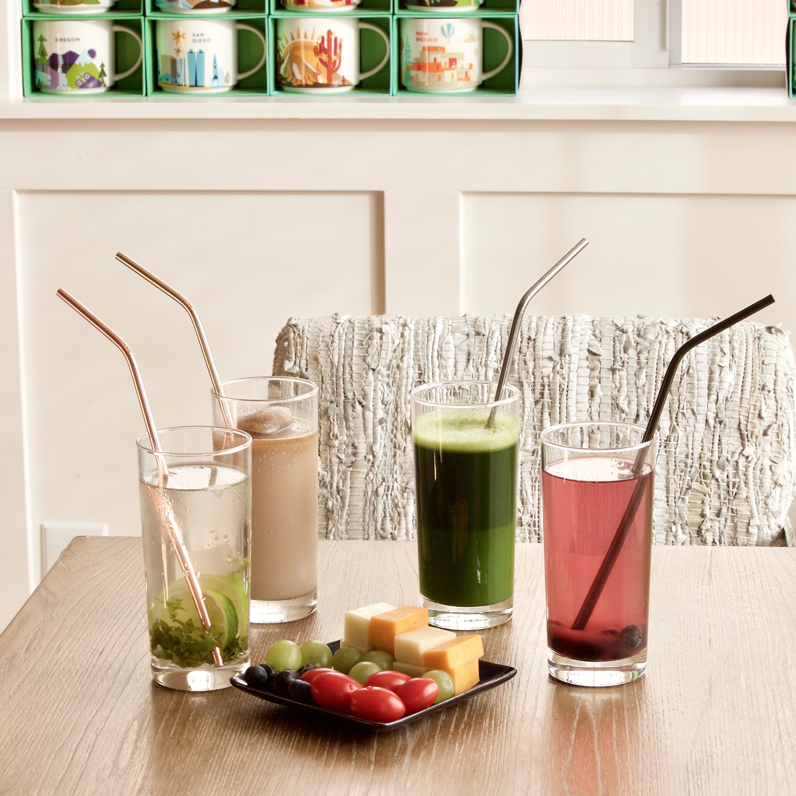 12+2 Pcs Reusable Stainless Steel Straws, Metal Straws, 4 Colors Gold, Silver, Rose Gold & Black - 20 oz and 30 oz Tumblers Straws (Bent)
