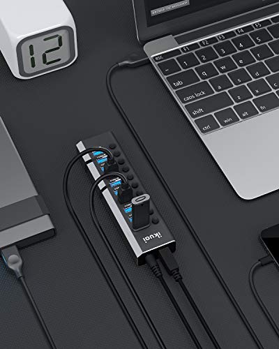 Powered USB Hub 3.0 ikuai Aluminum 10 Port USB 3.0 Data Hub Splitter with 12V/3A 36W Power Adapter and Individual On/Off Switches for Desktop PC Laptop and More