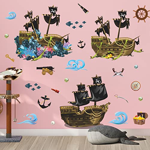 4 Sheet Pirate Ship Wall Sticker Shipwreck Wall Decal DIY Self-Adhesive Waterproof Waves Treasure Fish Hook Pearl Coral Reef Wall Art Decoration for Kitchen Bathroom Kids Boys Bedroom Playroom Nursery (A)