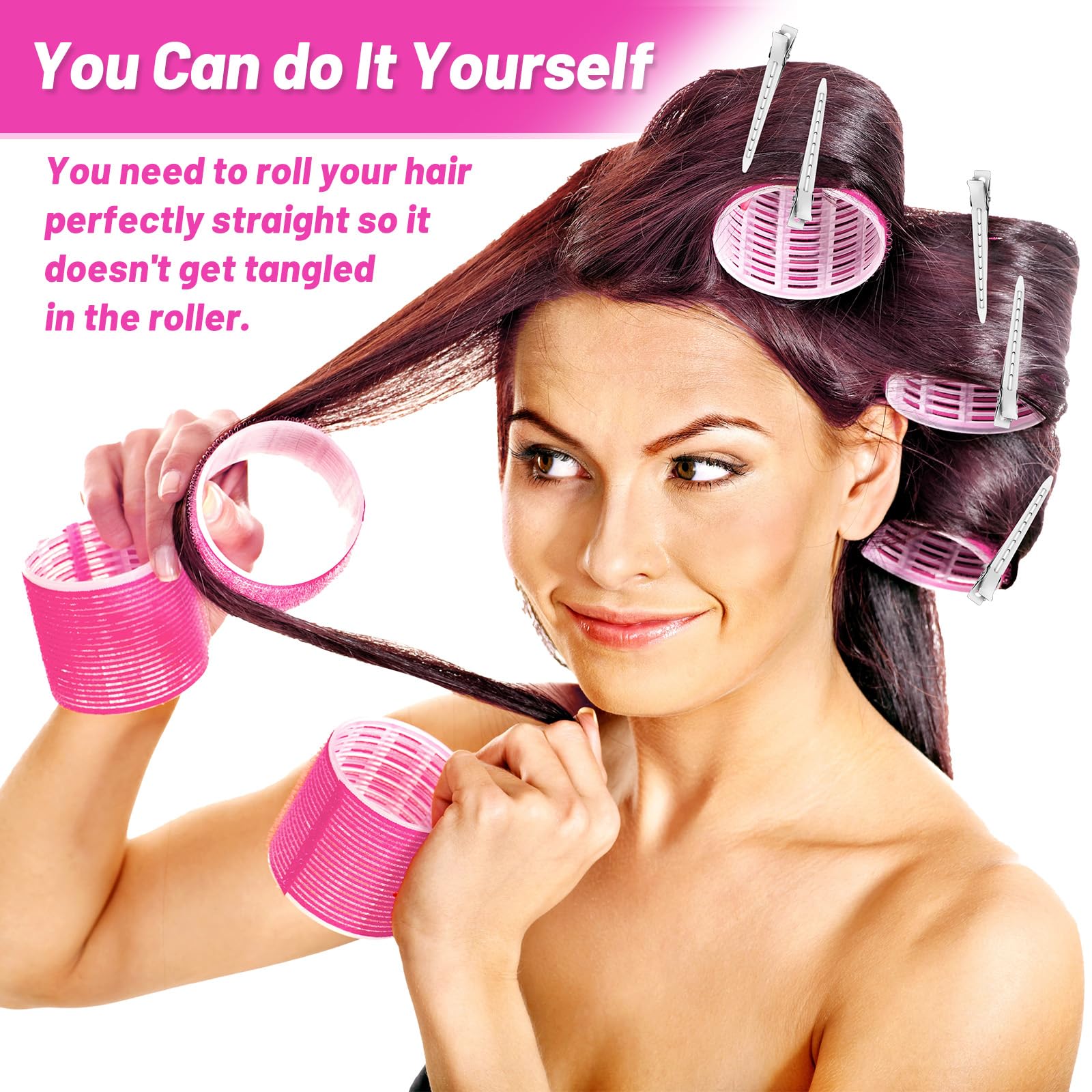 Jumbo Hair Curlers Self-Grip Rollers, 60mm Large Rollers with Clips for Long, Thick Straight Hair (Rose Red) - Hair Curlers Rollers