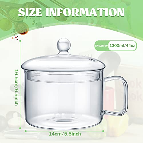 2 Pcs Glass Ramen Bowl with Lid and Handle, Microwave Safe, Transparent Cooking Cereal Breakfast Mixing Pot for Noodles Soup Cereals Fruits (44 oz)