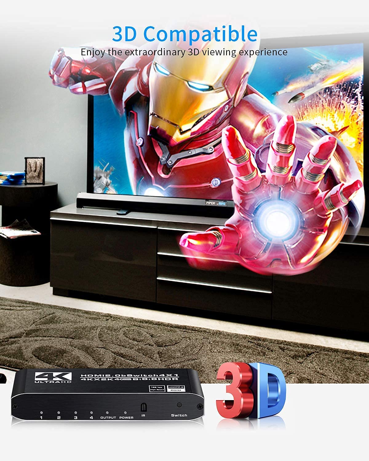 4k HDR HDMI Switch, Koopman 4 Ports HDMI 2.0 Switcher Selector with IR Remote Control, Supports HDCP 2.2 4K@60Hz UltraHD HDR10 3D HD1080P Dolby DST, HDMI Splitter for PS4 Xbox Apple TV Fire Stick
