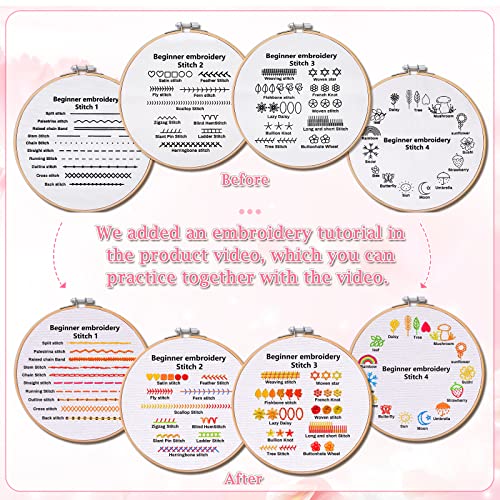 4 Sets Beginners Embroidery Stitch Practice kit, Embroidery Starter kit for Craft Lover with 30 Different Stitches,Embroidery Skill Practice Kit Include 4 Embroidery Cloth with Pattern Embroidery Hoop