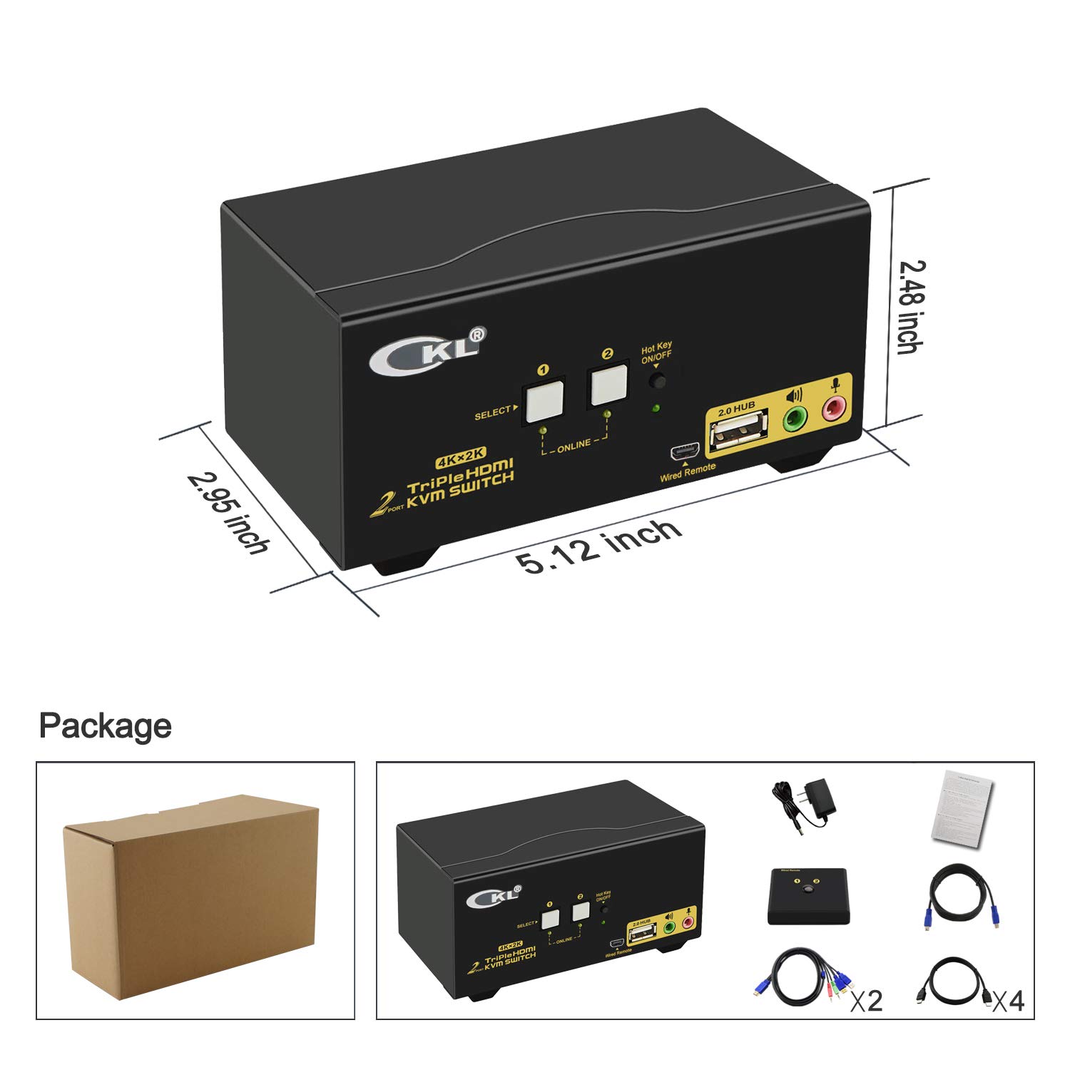 CKL Triple Monitor HDMI KVM Switch 2 Port with Audio and USB 2.0 HUB, PC Monitor Keyboard Mouse Switcher Box Mirrored or Extended Display 4K@30Hz for Computers and Laptops CKL-923HUA