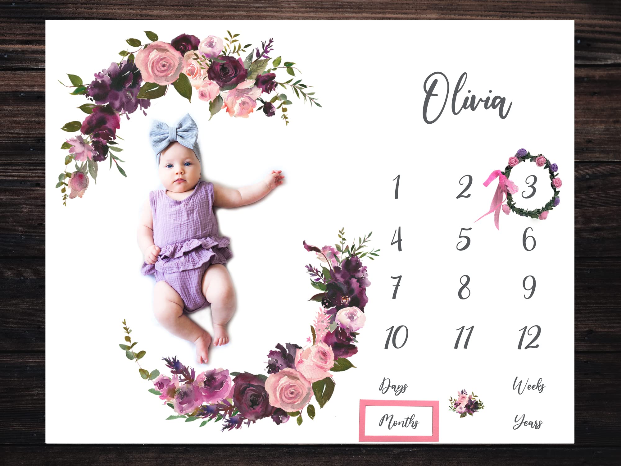 Personalized Baby Milestone Blanket 50x40 Girl Floral, Customized Milestone Blanket, Monthly Milestone Blanket, Baby Photo Prop Blanket, Custom Milestone Blanket, Baby Growth Chart, Baby Keepsake