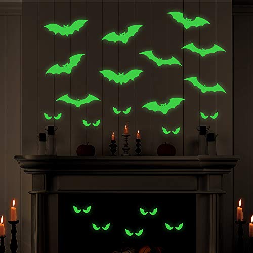 Ivenf Halloween Decorations Glow in Dark Bat Stickers, Bats Peeping Eyes Luminous Wall Decal, Scary Kids School Home Office Halloween Party Supplies, 2 Sheets 30 pcs