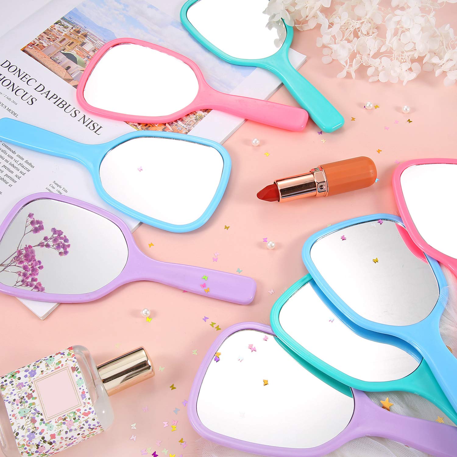 16 Pieces Hand Handheld Mirror with Handle Plastic Travel Makeup Handheld Cosmetic Mirror, Portable Vanity Mirror for Travel, Camping, Home, 3.15 Inch Wide, 7.09 Inch Long(Blue, Green, Pink, Purple