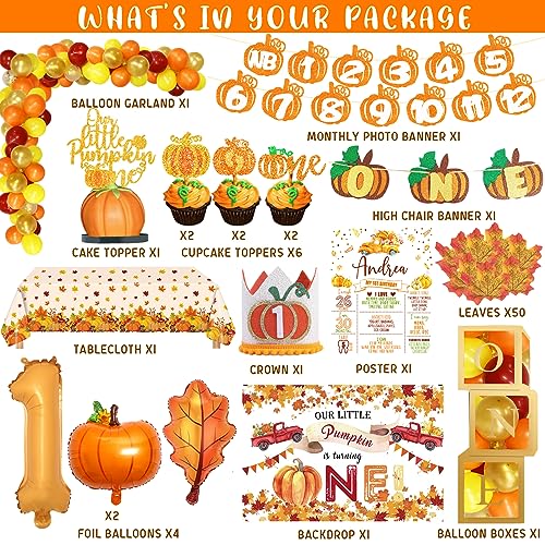 174 PCs Our Little Pumpkin Is Turning One Decorations, Hombae Thanksgiving Fall Pumpkin 1st Birthday Party Backdrop Balloon Garland Maple Leaf Banner Tablecloth Box Cutout Cake Topper Crown Poster