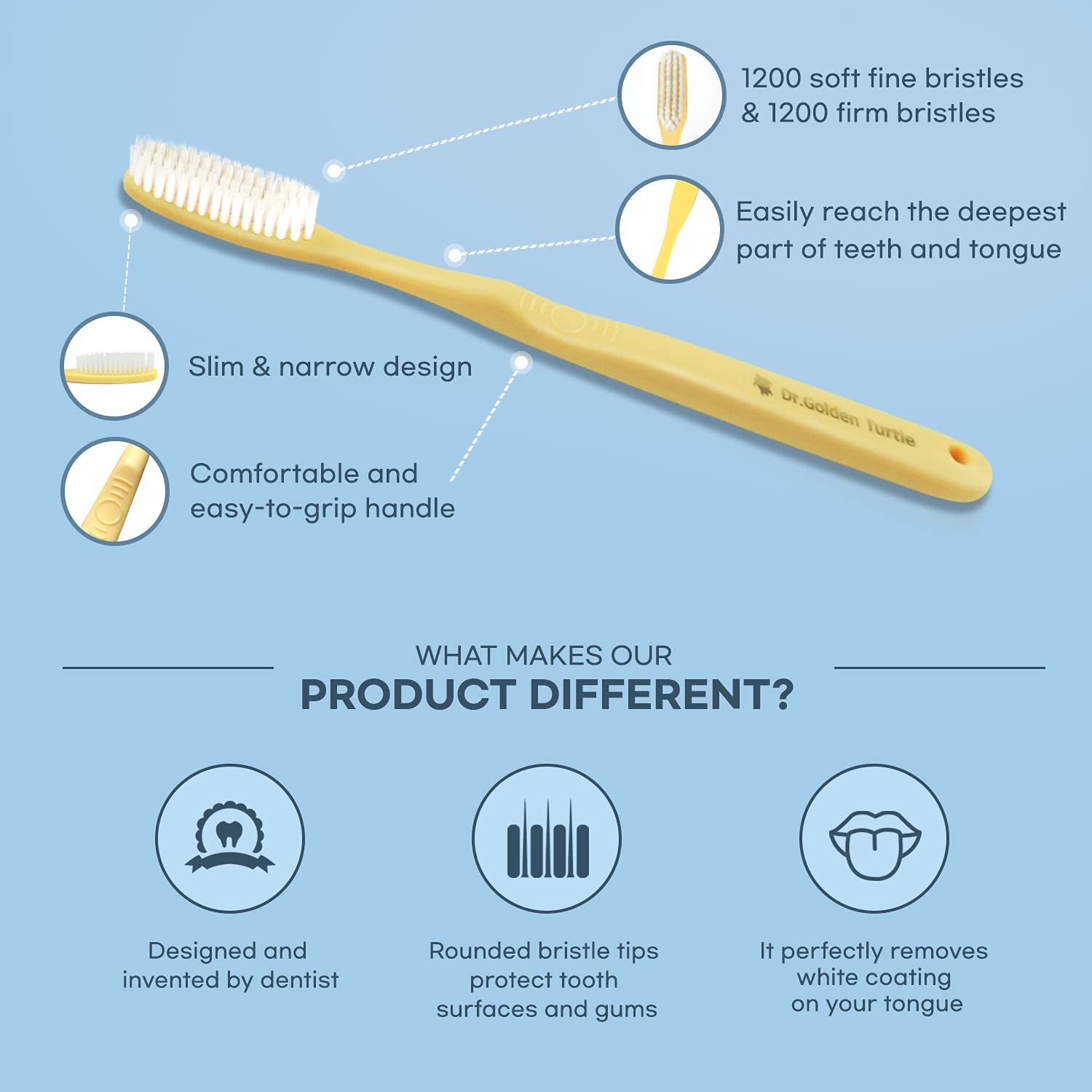 Dr.Golden Turtle Long Head Toothbrush 4-Pack Designed by Dentist | Easy Plaque Remover | Huge Toothbrush for Adults | Tooth Brushes Set | Toothbrush Medium Hard | Smokers Toothbrush for Clean Teeth