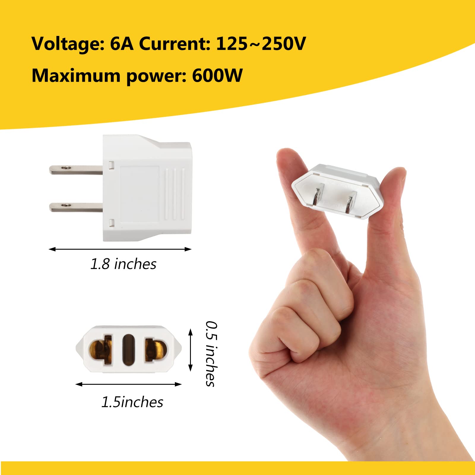 6 Pack European to US Plug Adapter, Travel Small European to American Outlet Plug Adapter, European Plug Adapter to USA Power Converter (White)