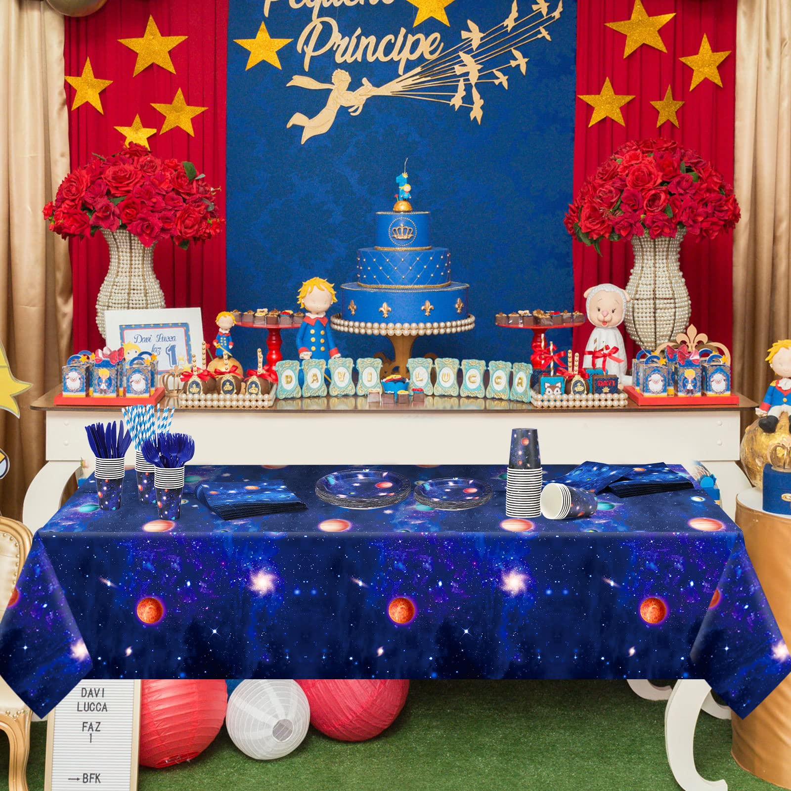 176 Pcs Space Party Decorations Supplies Galaxy Party Tableware Set, Space Themed Party Supplies Plates Napkins Cups Knives Straws Forks Spoons Sets Tablecloth for Boy Girl