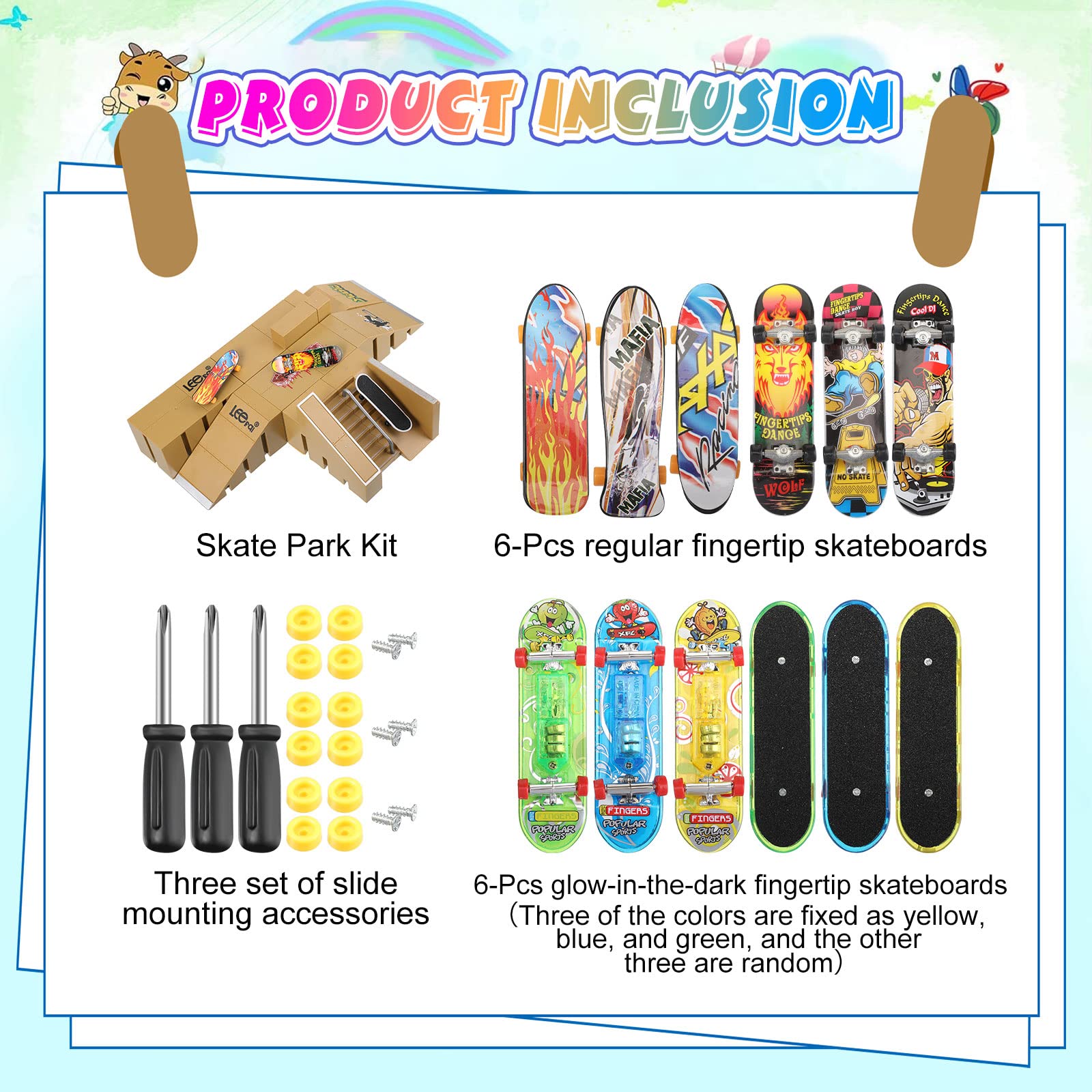 13 Pcs Finger Skateboard Ramp Kit, 6 Lighted Tech Skatepark Finger Skateboards and 3 Mini Finger Skateboard Mini Skateboards Toys Training Gift, Orange, Green, Blue