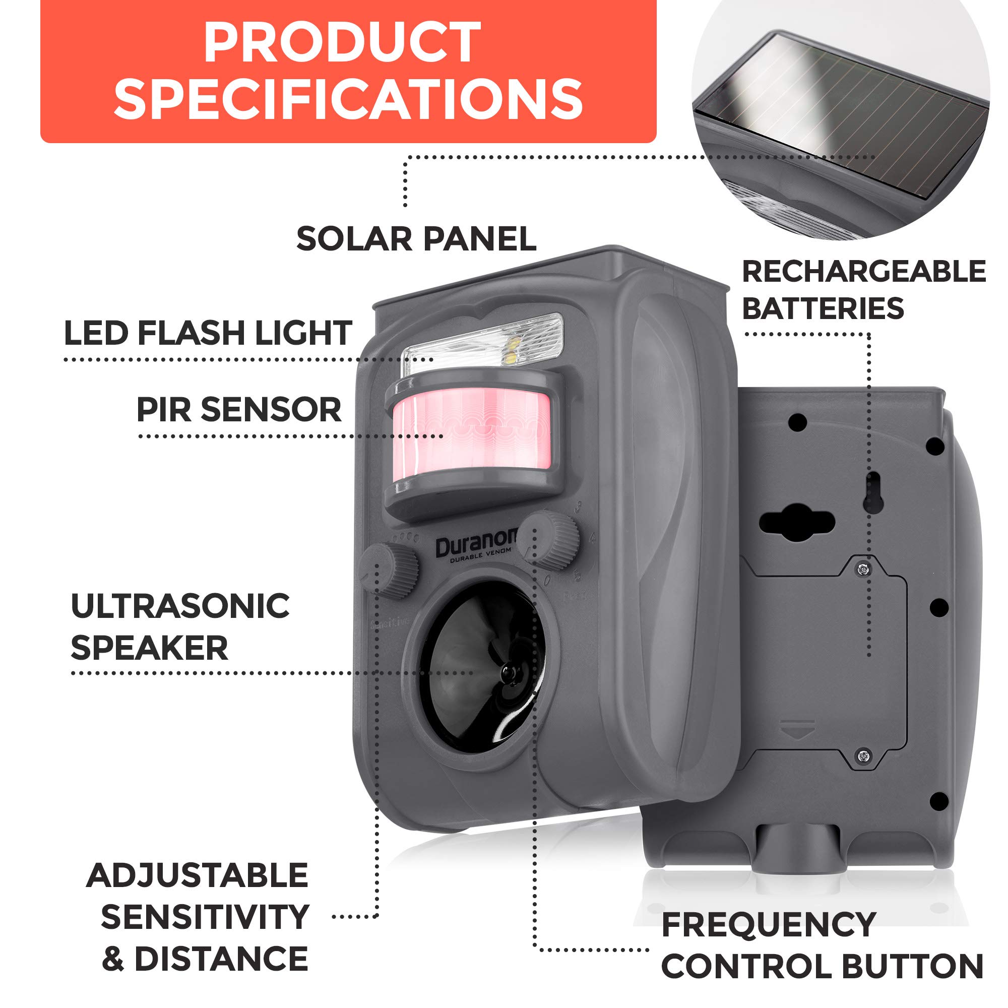 2024 DURANOM Ultrasonic Deer Repellent Outdoor - Upgraded Solar Powered and Motion Activated Strobe Flashing Light - Long Range Animal Repeller for Garden - Animal Deterrent System Blasts Animals Away