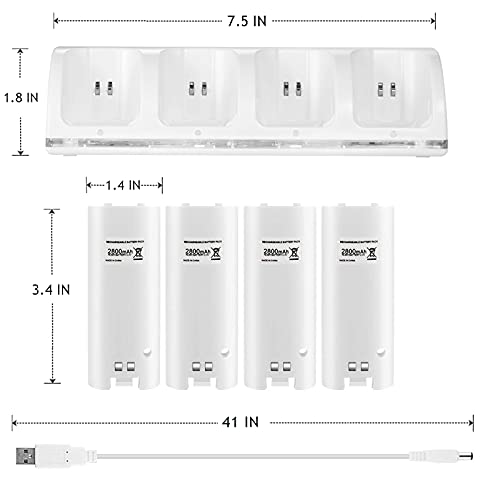 4-in-1 Charging Station for Wii&Wii U Remote Controller with 4 Rechargeable Battery Packs (4 Port Charging Station+4 pcs 2800mAh Replacement Batteries+USB Cable),Remote Not Included