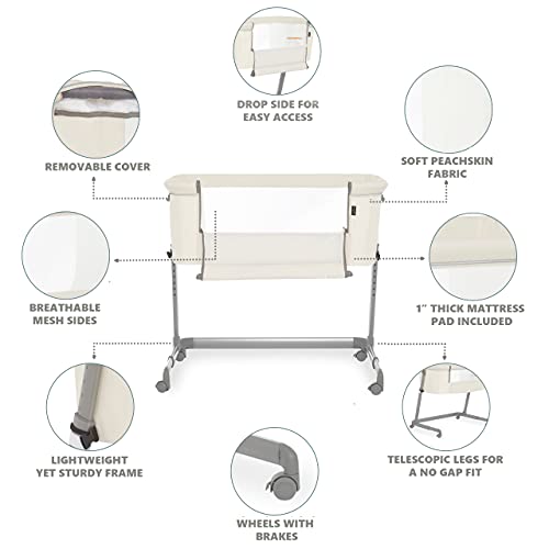 Dream On Me Seashell Bassinet & Bedside Sleeper in Pearl, Lightweight Easy Folding and Height Adjustable Baby Bassinet, Mattress Pad Included, JPMA Certified