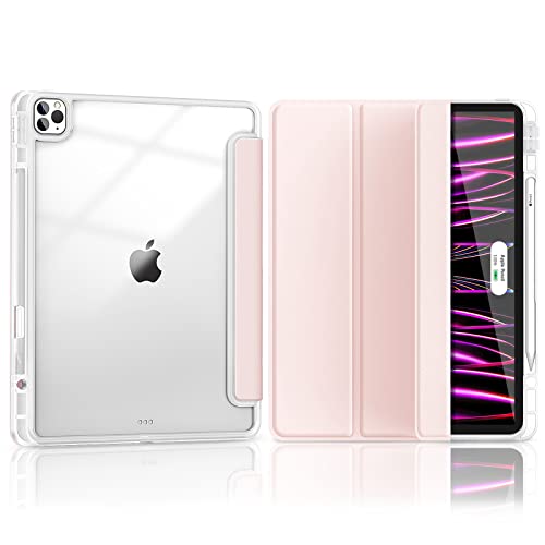 Hoidokly Case for iPad Pro 12.9 6th/5th/4th/3rd Generation (2022/2021/2020/2018), Thin Clear Shell Smart Trifold Stand 12.9 inch Protective Transparent Cover with Pencil Holder Auto Sleep/Wake, Pink