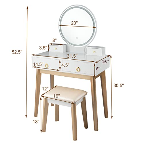 CHARMAID Vanity Set with Touch Screen Dimming Mirror, 3 Color Lighting Modes, Dressing Table with 4 Sliding Drawers, Modern Bedroom Makeup Table and Cushioned Stool Set for Women Girls (White)