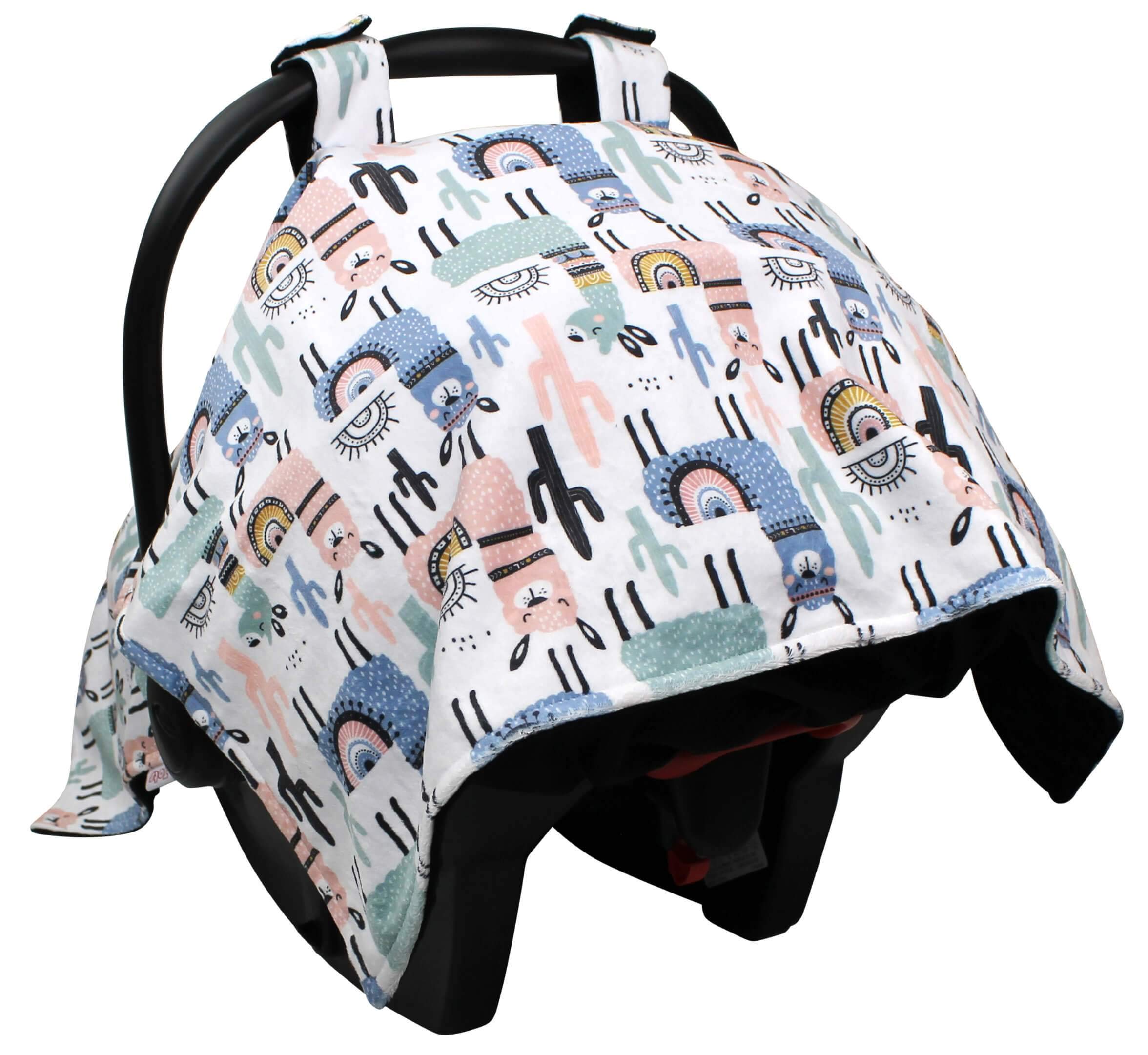 Baby Car Seat Canopy Cover - Emperor Llamas with Black Minky Dot