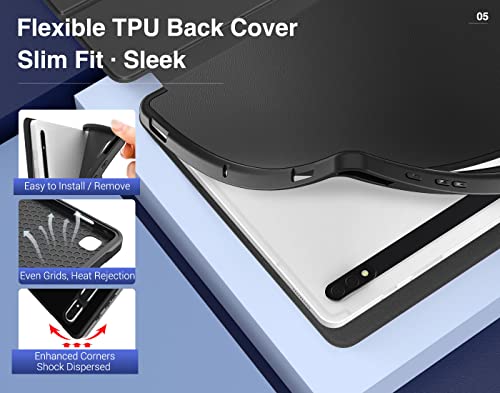 MoKo Case Fits Samsung Galaxy Tab S8 Plus 12.4 Inch 2022 (SM-X800/SM-X806) /S7 FE 2021/S7 Plus 2020, Shockproof Full Body Trifold Stand TPU Back Cover Case with Pen Holder Slot/Auto-Wake, Black