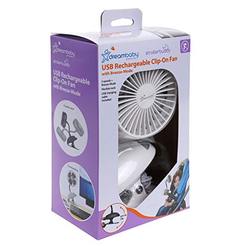 Dreambaby Portable USB Rechargeable Clip-On Stroller Fan - with Breeze Mode - White - Model L2348