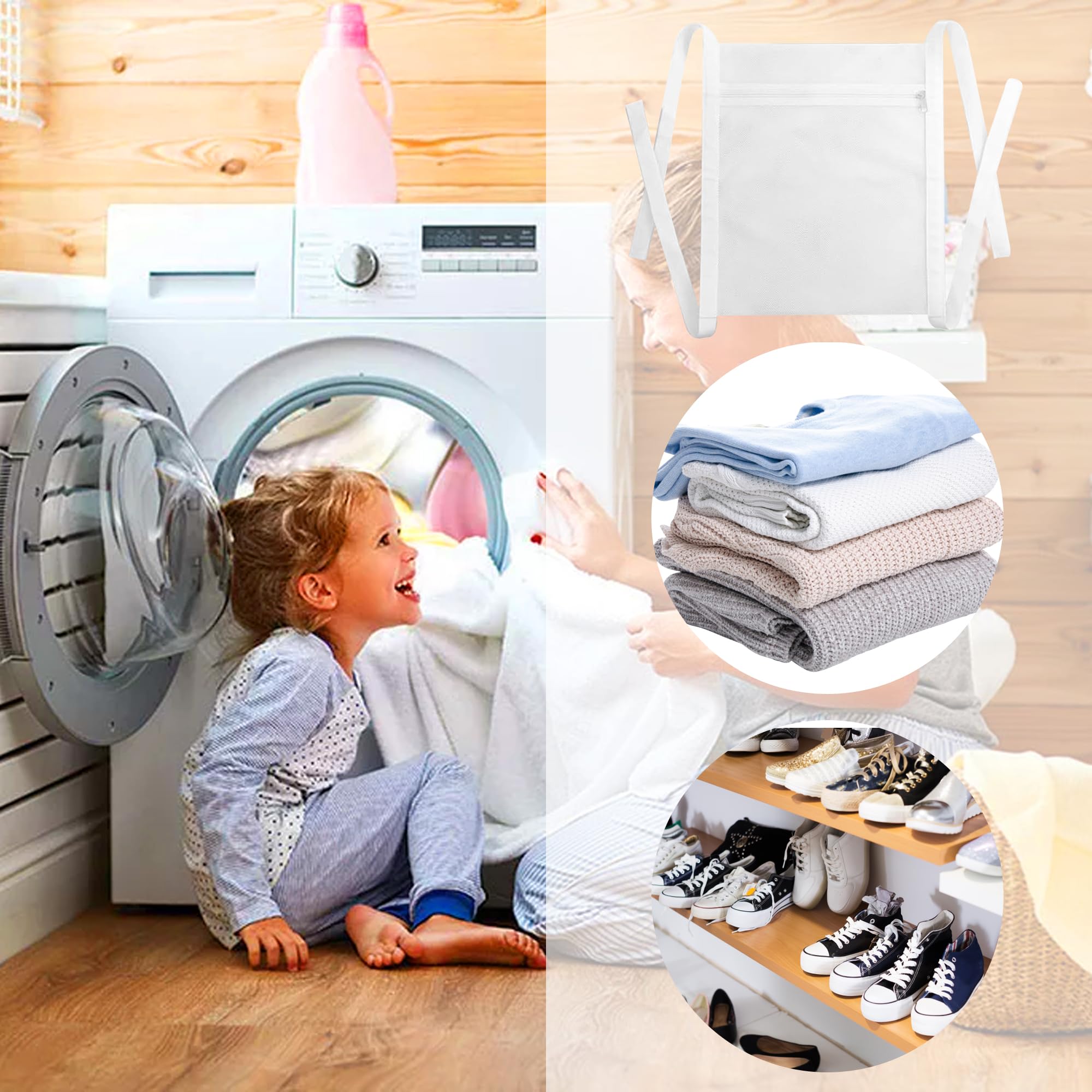 2PCS Sneaker Dryer Bag 15.7x13.8in Sneaker Washing Mesh Net for Most Dryers Door, with Elastic Straps Zippers Polyester Reusable Honeycomb Net Laundry Bags for Sneakers, Clothing, Laundry(White)