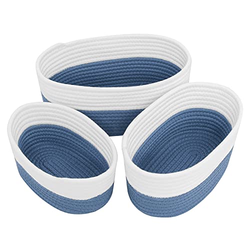 Hombins 3 Set Cotton Rope Storage Baskets with Handles | Round Baskets Set for Organization, Toy Basket, Small Soft Baby Nursery Baskets, Cat Dog Toy Basket, Gift, White&Blue