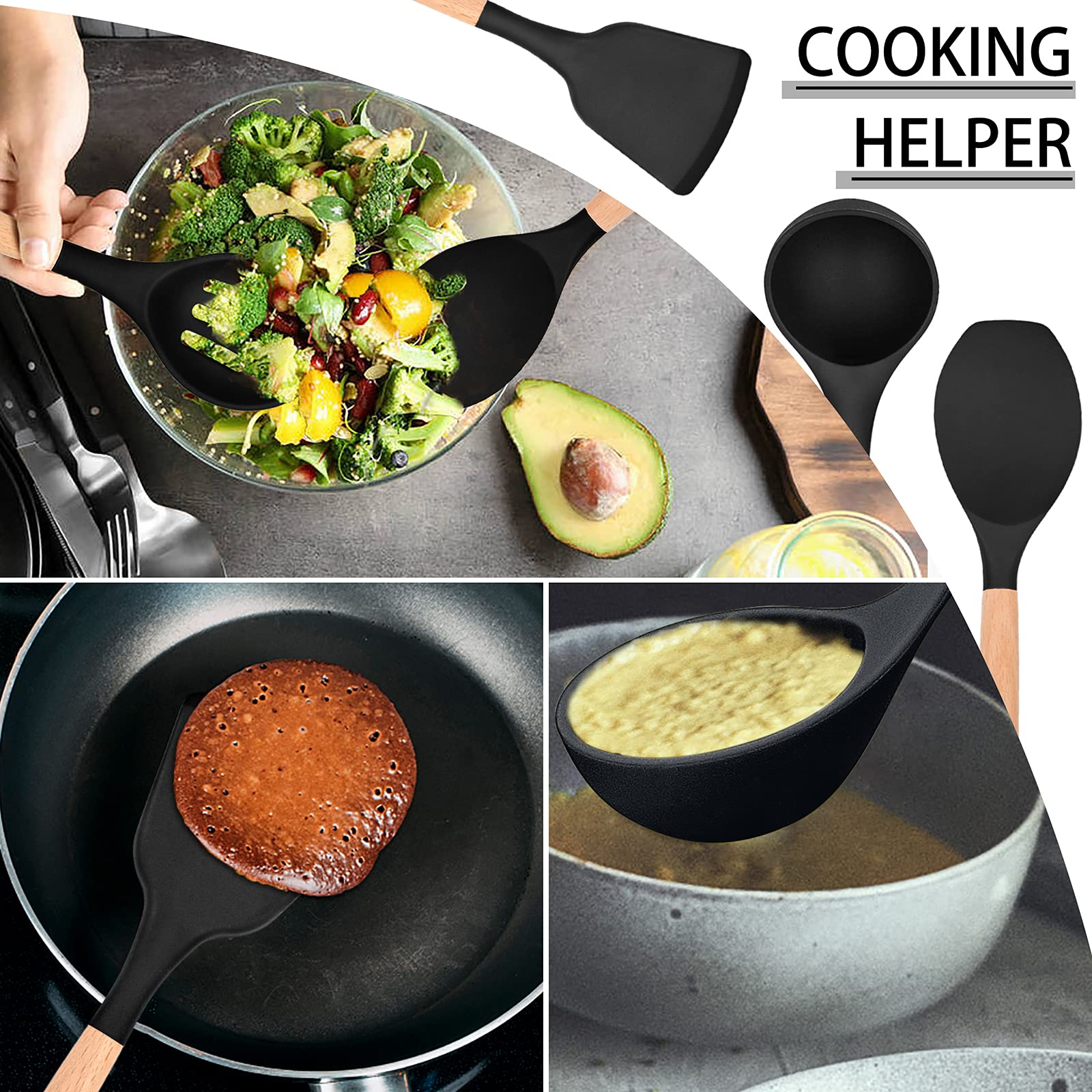 12PCS Cooking Kitchen Utensils, P&P CHEF Silicone Utensil Head with Wooden Handle, Turner, Ladle, Spoon, Spatula, Tong, Brush, and Holder, Heat-resistant & Non-scratch, Non-toxic & Non Smell, (Black)