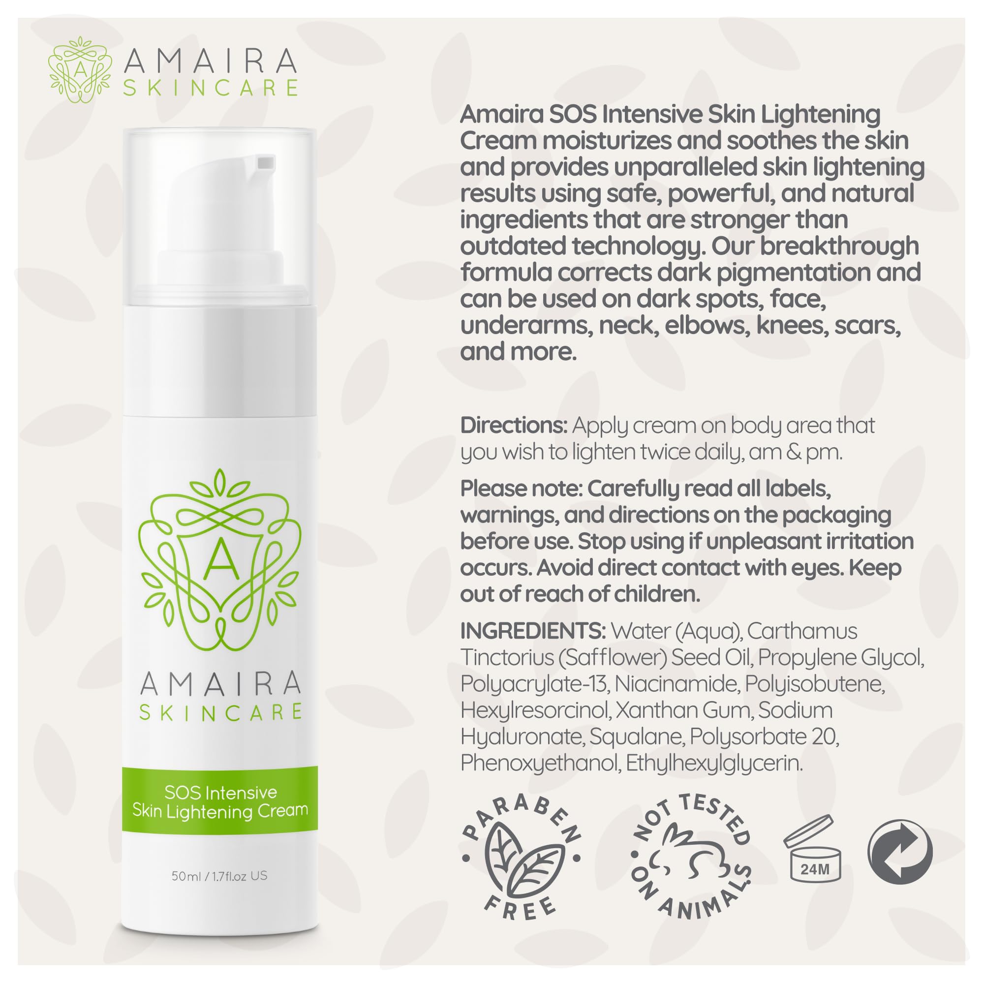 Amaira SOS Intensive Skin Lightening Cream - Natural Brightening Cream and Dark Spot Remover for Body - for Face, Underarms, Knees, Elbows, Dark Spots (1.7 fl oz)