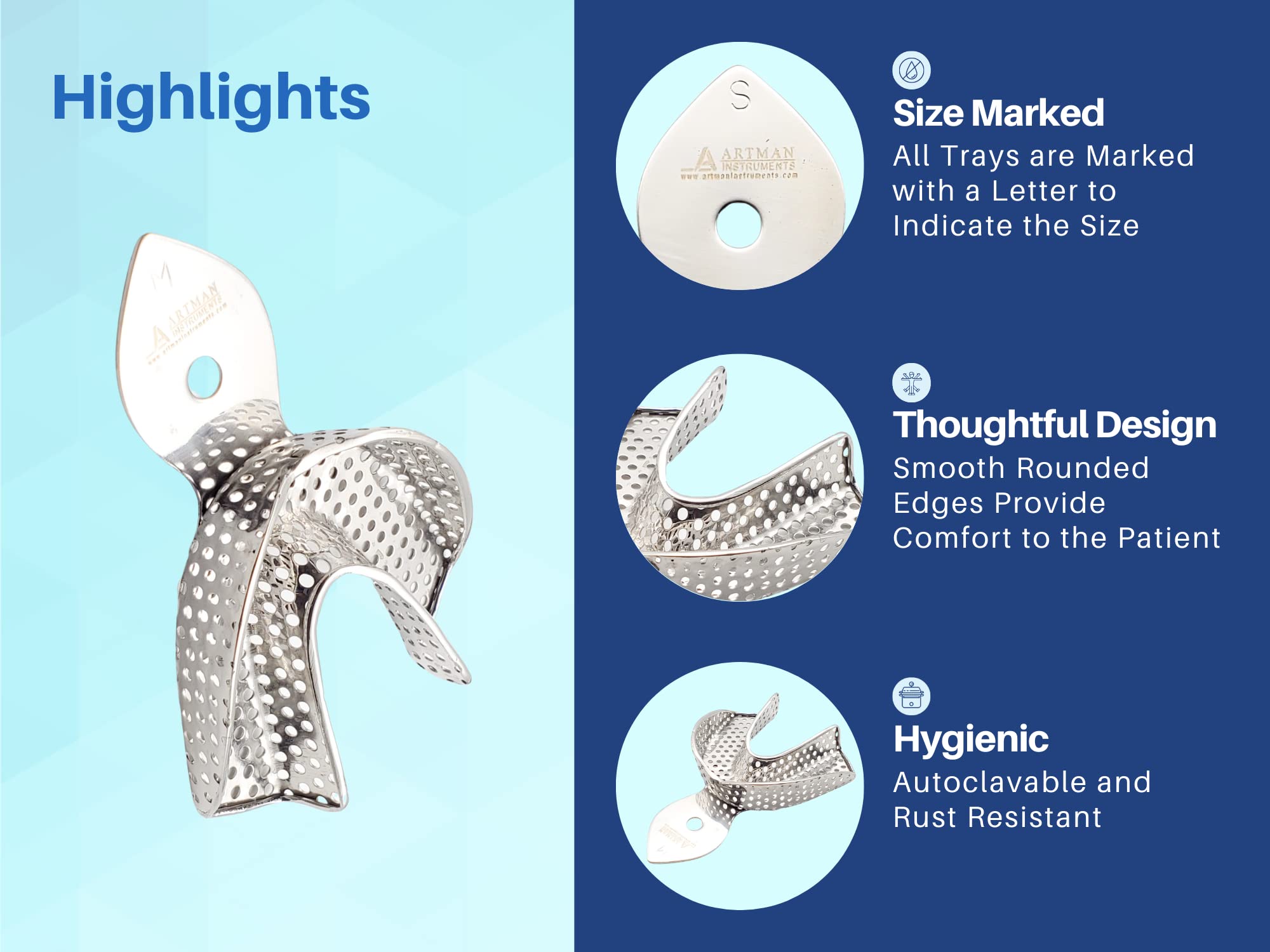 ARTMAN INSTRUMENTS Dental Impression Trays β Set of 6 Stainless Steel, Perforated, Autoclavable Trays (Small, Medium, Large) for Upper & Lower Teeth β Durable, Reusable, Rounded Margins for Comfort