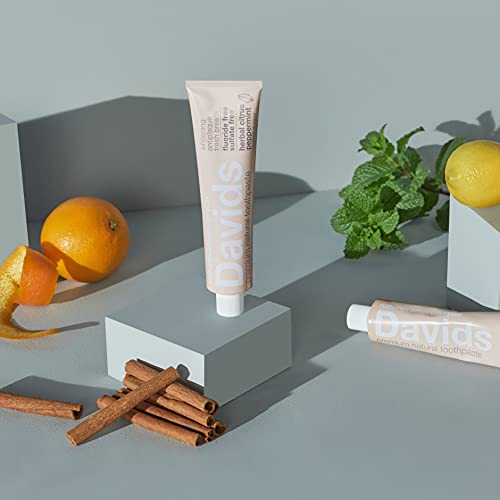 Davids Natural Toothpaste For Teeth Whitening, Herbal Citrus Peppermint, Antiplaque, Flouride Free, SLS Free, EWG Verified, Toothpaste Squeezer Included, Recycable Metal Tube, 5.25oz