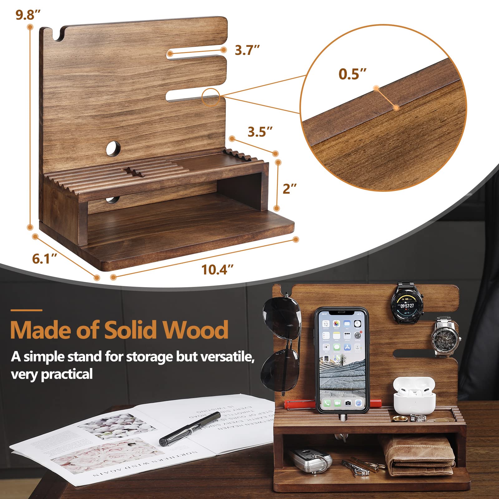 Homde Solid Wood Charging Station Storage/Nightstand for Multiple Devices Including Phone, Smart Watch, Laptop, Tablet Perfect as an Electronic Organizer Gift for Men