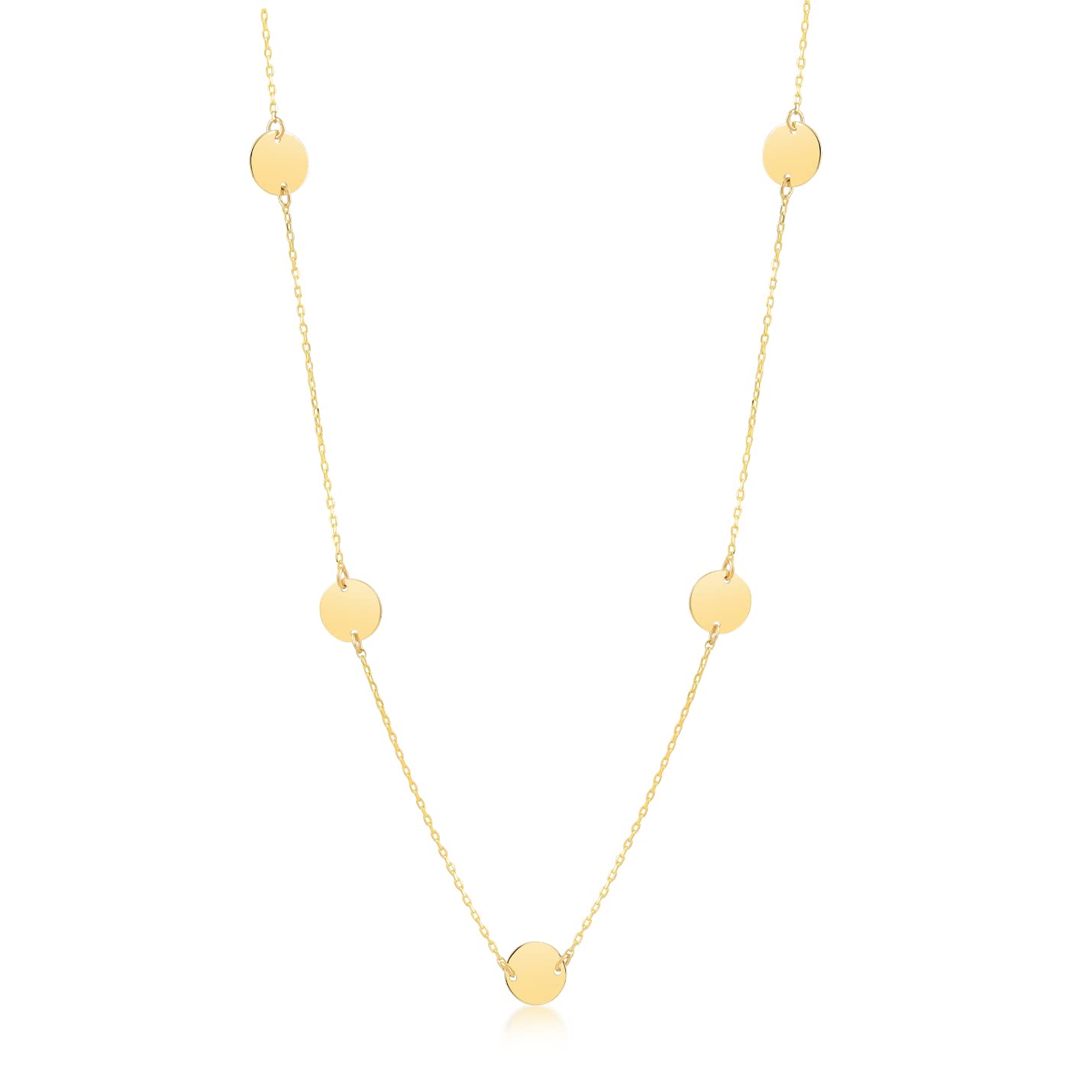 14k Real Gold Round Disc Station Necklace for Women | 14k Gold Coin Station Choker Necklace | Round Pendant Necklaces | Dainty Station Jewelry for Women | Gift for Anniversary, 18"