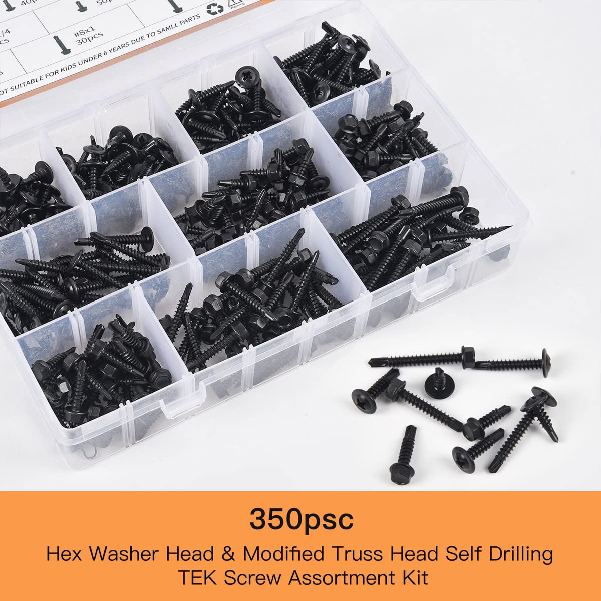 350PCS Self Tapping Screws Assortment, Black #8 Self Tapping Screws for Metal & Plastic with 410 Stainless Steel, Hex Washer Head & Phillips Round Head Self-Tapping Screws for Building & Repair