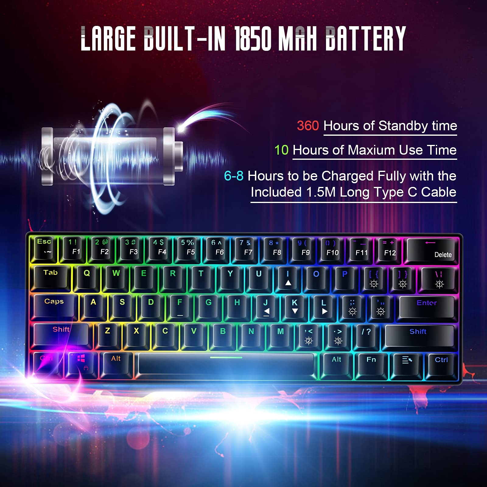 60% Wireless Wired Gaming Keyboard - 60 Percent Compact 61 Key Mini Mechanical Keyboard with RGB Backlit, Include 2.4Ghz USB Receiver and USB C Cable,Blue Switch for Desktop, Computer and PC