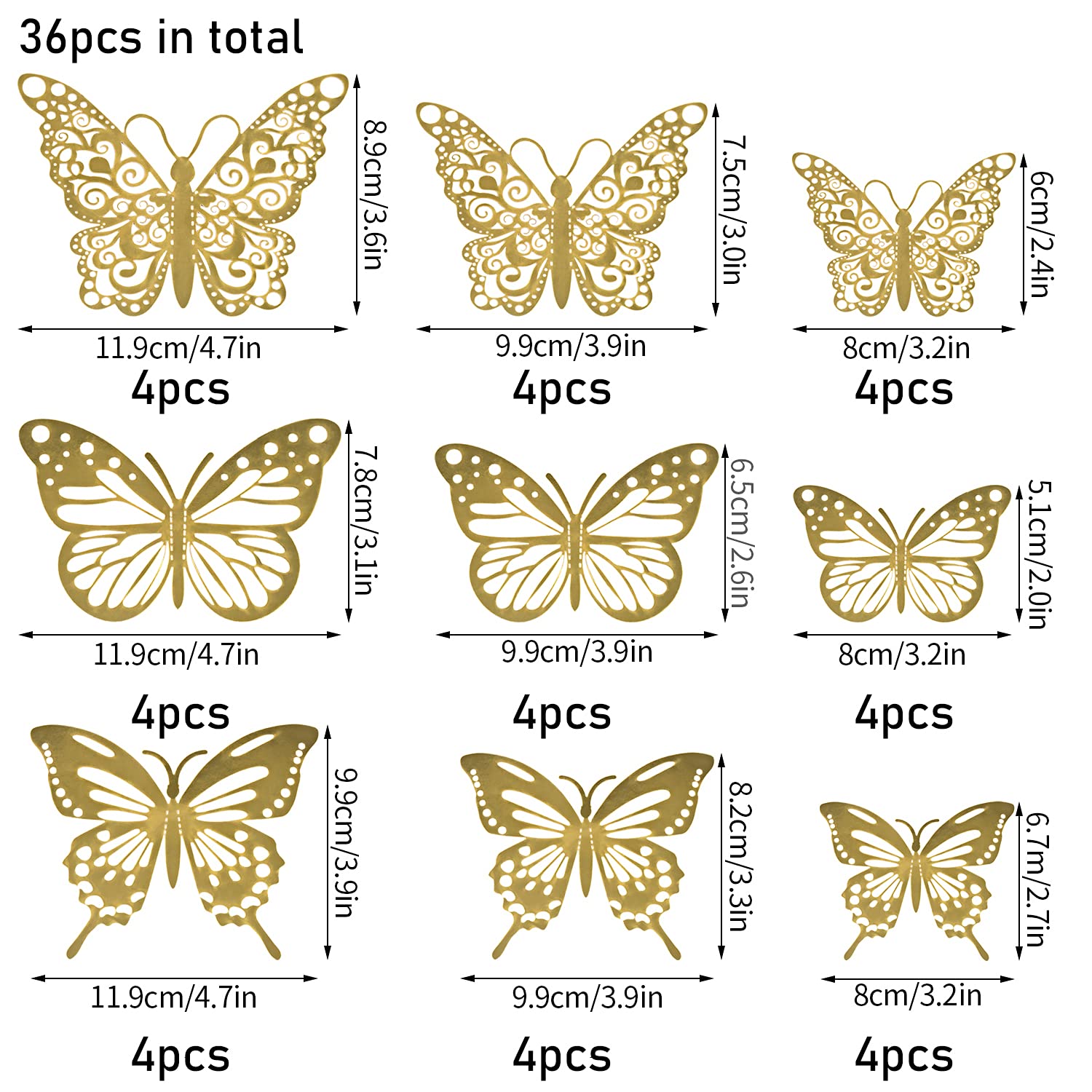DIYASY Butterfly Wall Décor,36 Pcs Gold 3D Butterfly Stickers Decals for Room,Bedroom,Wedding and Nursery Decoration