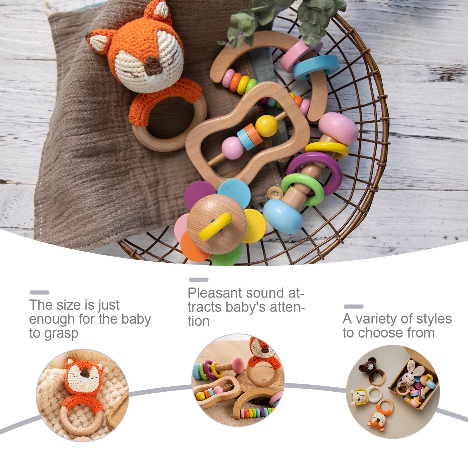 Baby Teething with Wooden Ring Beech Baby Teething Ring 5 PCS Wooden Ring Toy for Baby Wooden Teether with Gift Box