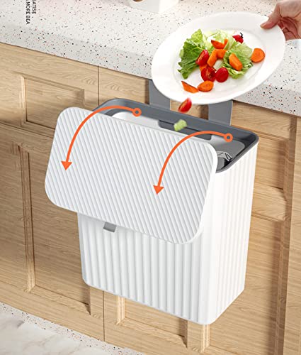 2.4 Gal Hanging Trash Can for Kitchen Cabinet Door with Slide Open Lid, Wall Mounted Plastic Garbage Bin for Kitchen Under Sink, Bathroom, Cupboard, Bedroom, Office, Camping