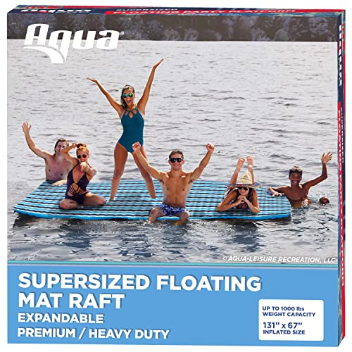 Aqua Supersized Ā Floating Water MatĀ ā Heavy Duty Floating Island Pad with Expandable Zippers ā Navy/White Stripe