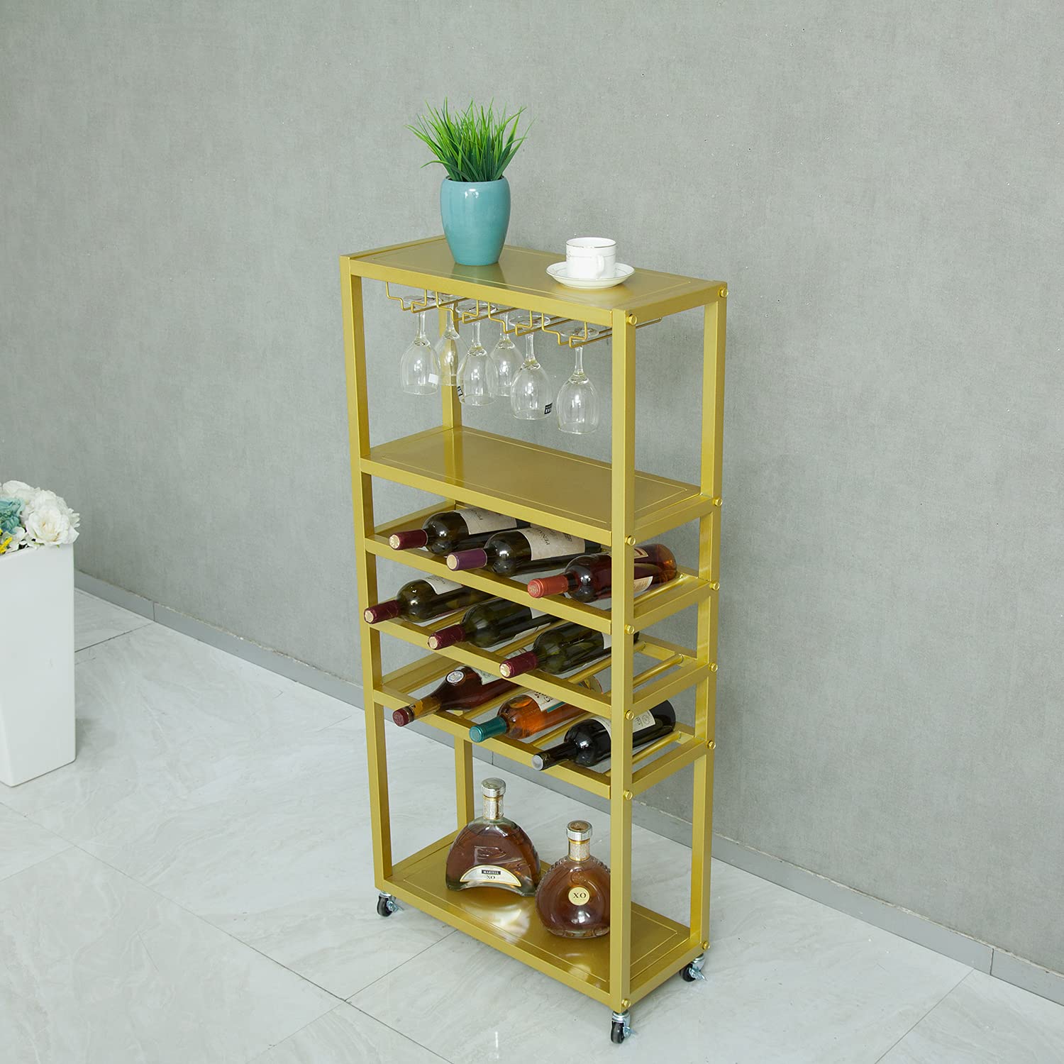 18 Bottles Metal Wine Rack 6-Tier Free Standing Wine Holder with Glass Holder, Heavy Duty Wine Bottle Organizer with Storage Shelf, Display Stand Rack with Wheels, Gold, 23.6''L x 9.8''W x 47.2''H