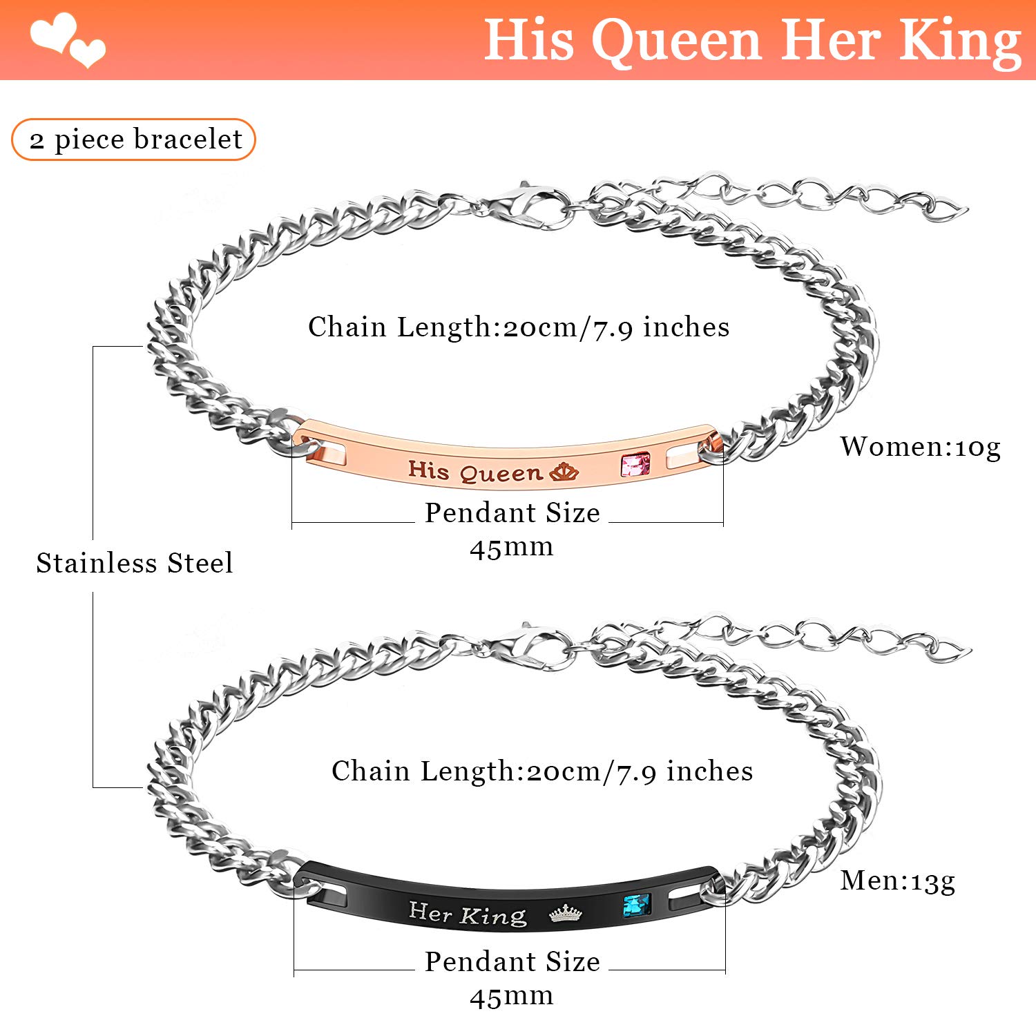 6 Piece Her King His Queen Necklace Bracelet Couple Necklace Bracelet Keychain Set for Valentines Jewelry Gift
