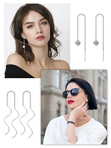 12 Pairs Threader Earrings for Women Stainless Steel Chain Tassel Earrings Threader Lightweight Wave Long Bar Arrow Drop Dangle Chain Earrings Set (Silver)