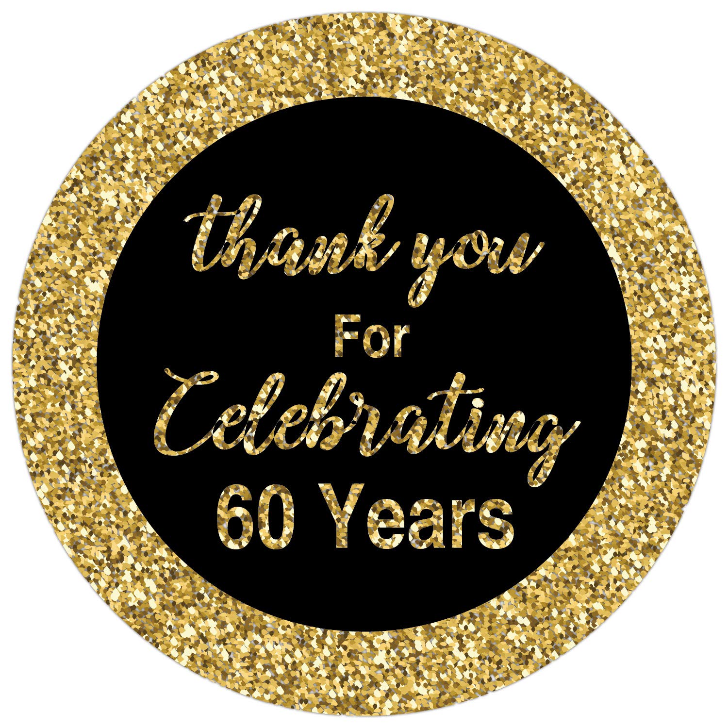 60th Birthday Thank You Stickers, Black and Gold 60th Birthday Favors, 60th Birthday Stickers, Anniversary Party Decorations, 1.75 Inch Round Circle Label Stickers, Pack of 50.