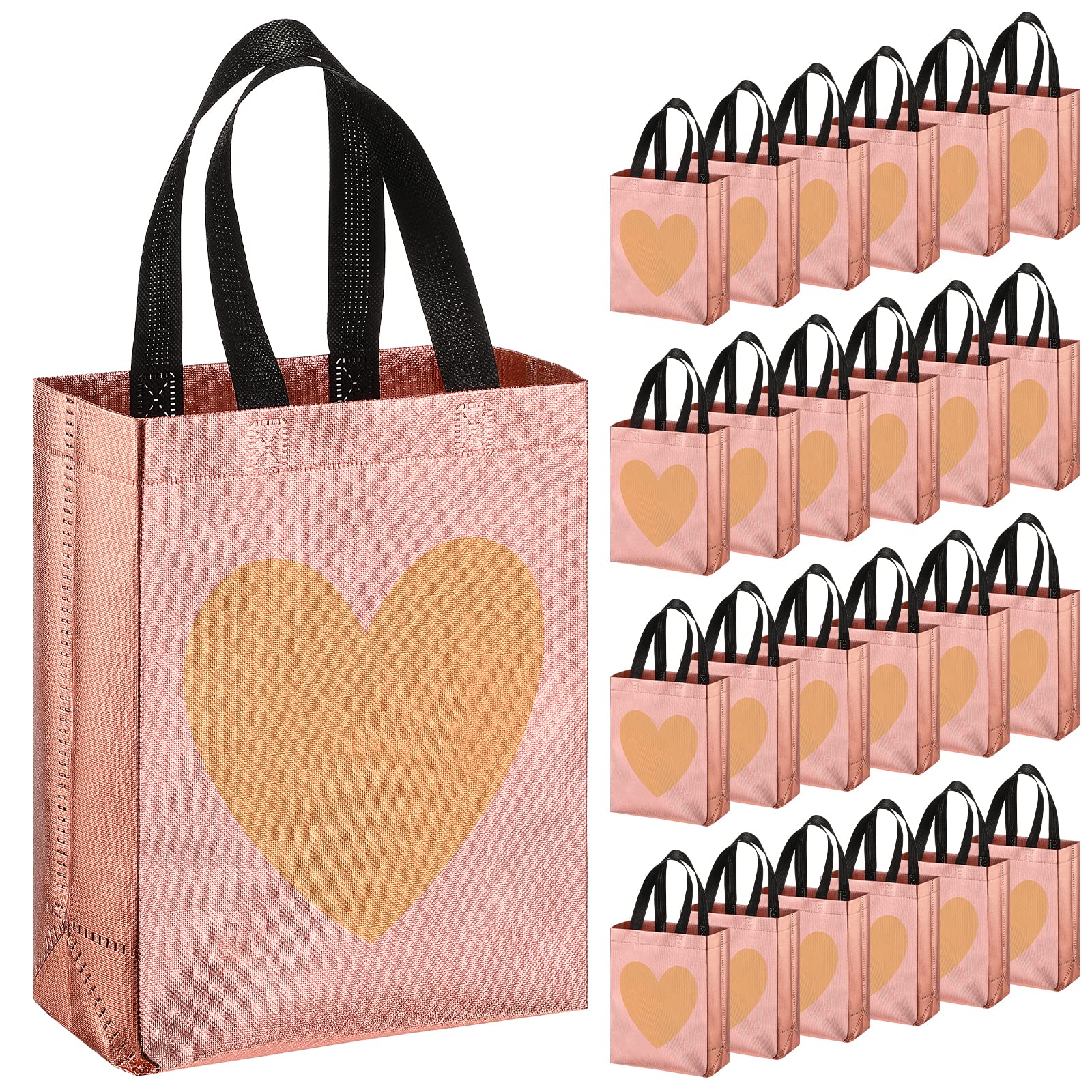 24 Pcs Christmas Heart Gift Bags with Shiny Gold Heart Print Non Woven Reusable Gift Bags for Wedding Bridesmaid Birthdays Bridal Showers Engagements Anniversaries 8 x 4 x 10 Inch (Rose Gold, Gold)