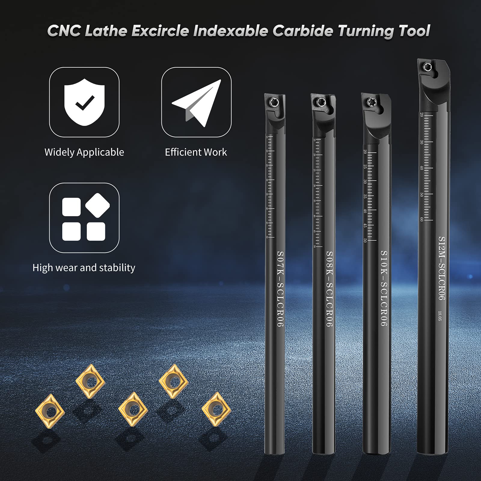 14 Pieces Lathe Boring Bar Set 4 Pieces 95 Degree S07K/ S08K/ S10K/ S12M-SCLCR06 Lathe Boring Internal Turning Bar Holder with 10 Pieces CCMT0602 Carbide Inserts and 4 Pieces Wrench
