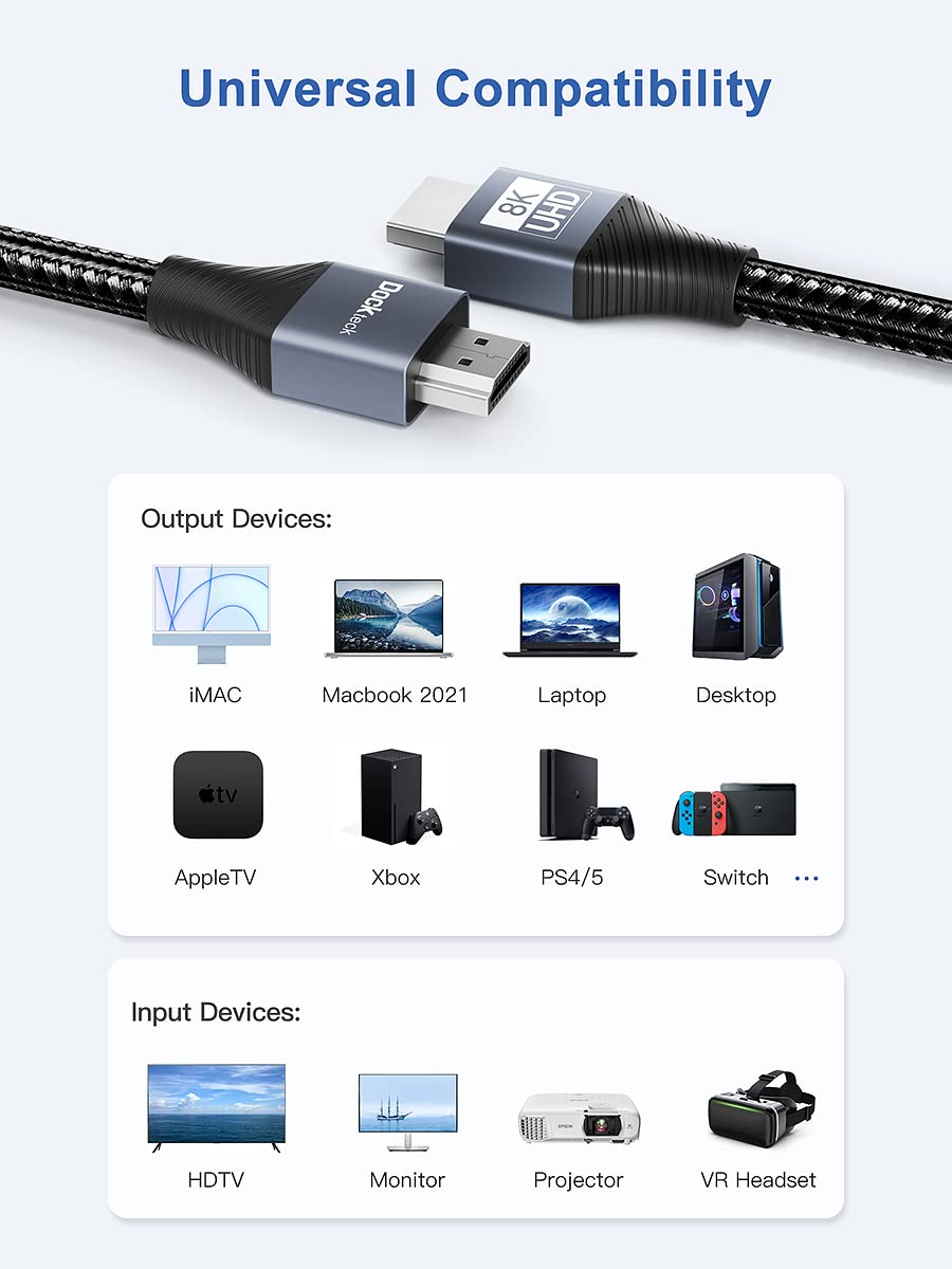 dockteck 8K HDMI Cable 6ft | High Speed hdmi to hdmi Cables 2.1, Braided Cord 60Hz 48Gbps 120Hz Support eARC Dolby Vision HDR 10 HDCP 2.2 & 2.3, Compatible with Roku TV PS5/4 HDTV Xbox Blu-ray